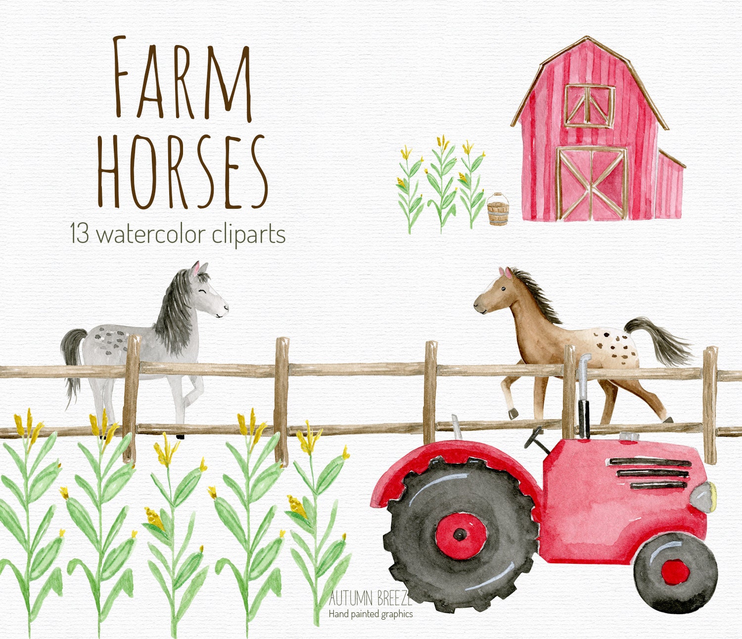 Watercolor Horses Clipart: Farm Animals, Barn, Tractor (PNG Digital ...