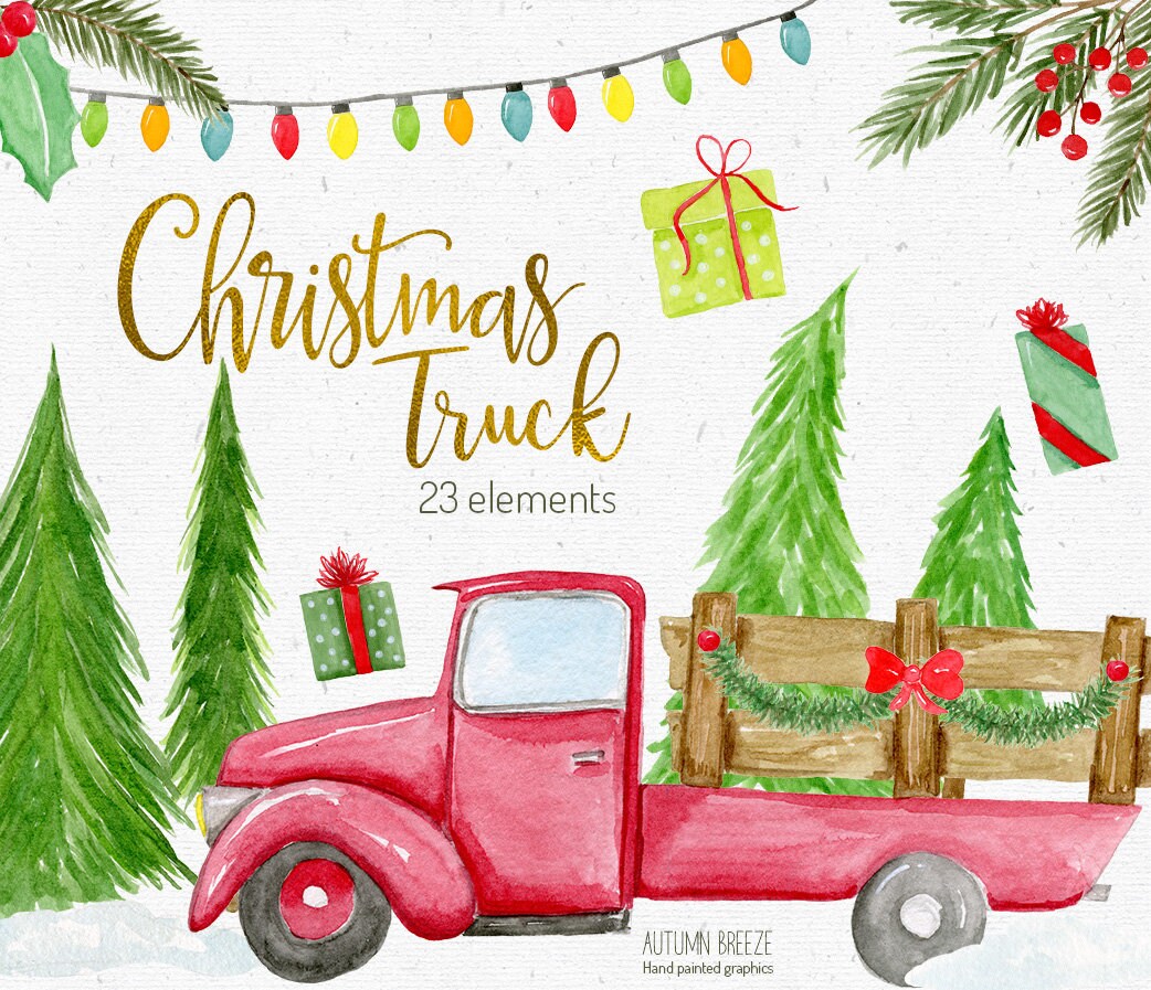Watercolor Christmas Truck Clipart Winter Clipart Christmas | Etsy