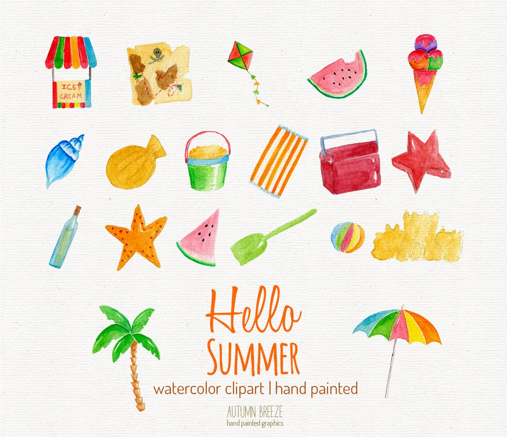 Beach Clipart Summer Clipart Vacation Clipart Watercolor - Etsy
