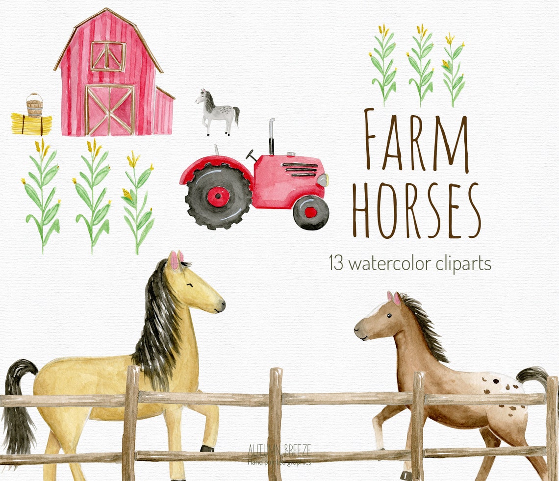 Watercolor Horses Clipart: Farm Animals, Barn, Tractor (PNG Digital ...