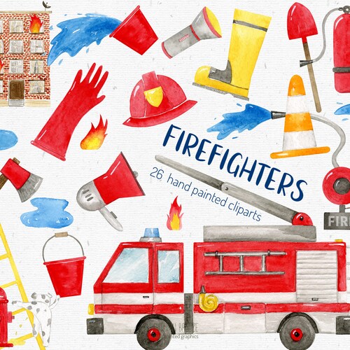 Watercolor Firefighters Clipart Fire Truck Download - Etsy