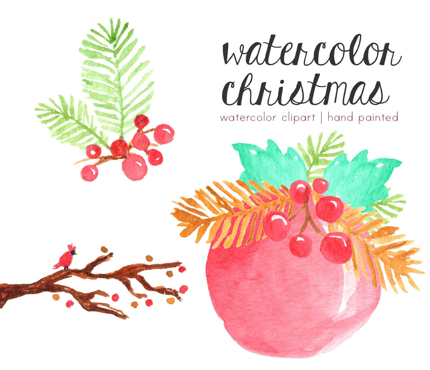 Christmas Watercolor Clipart Holiday Clip Art Holly Clipart - Etsy