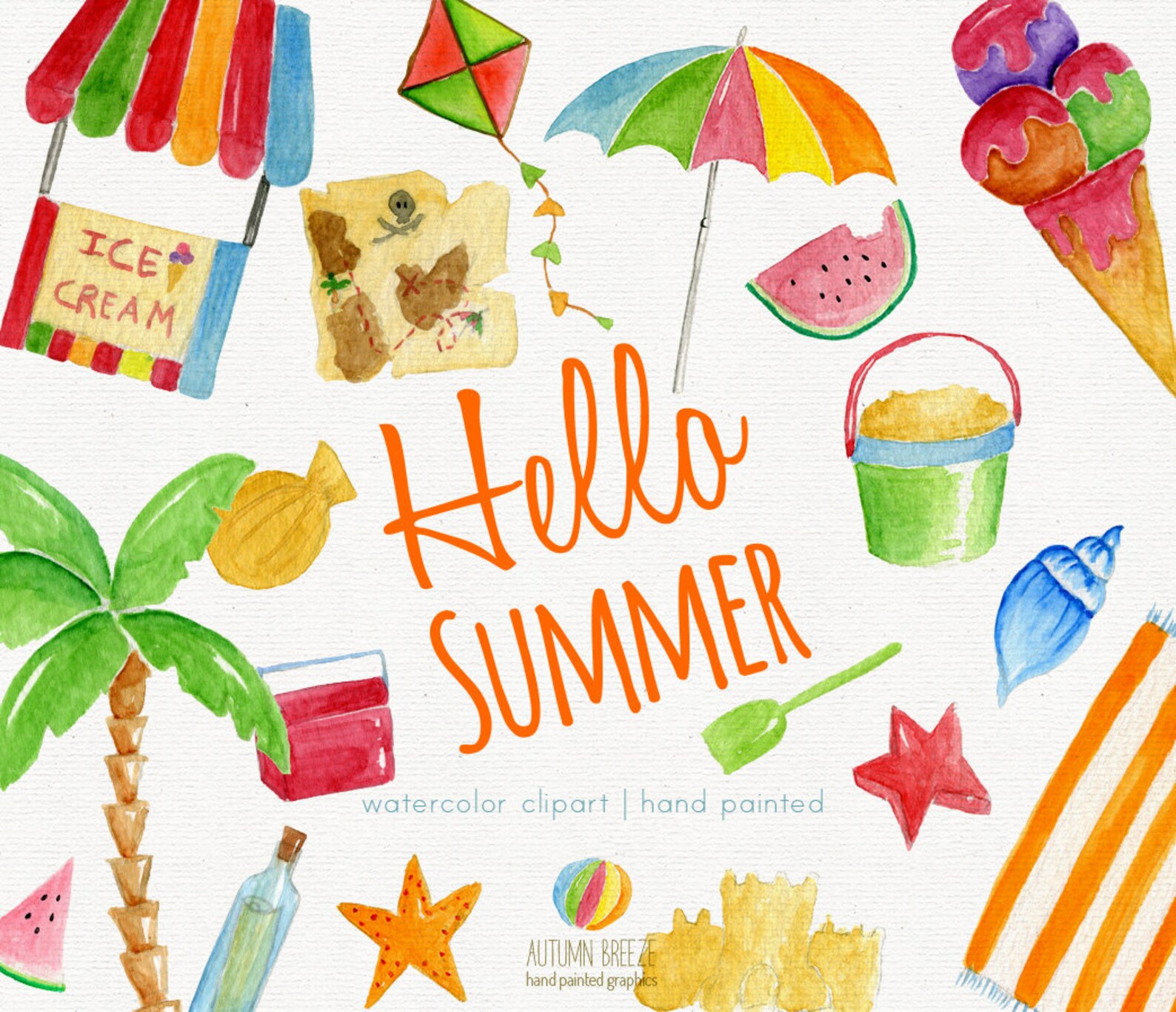 Beach Clipart Summer Clipart Vacation Clipart Watercolor - Etsy