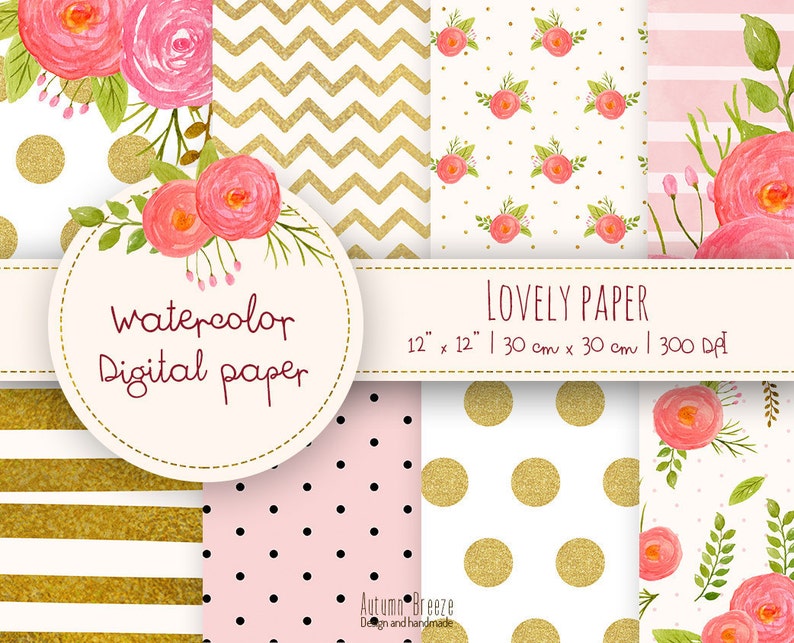 Watercolor digital paper pack pink and gold digital paper | Etsy