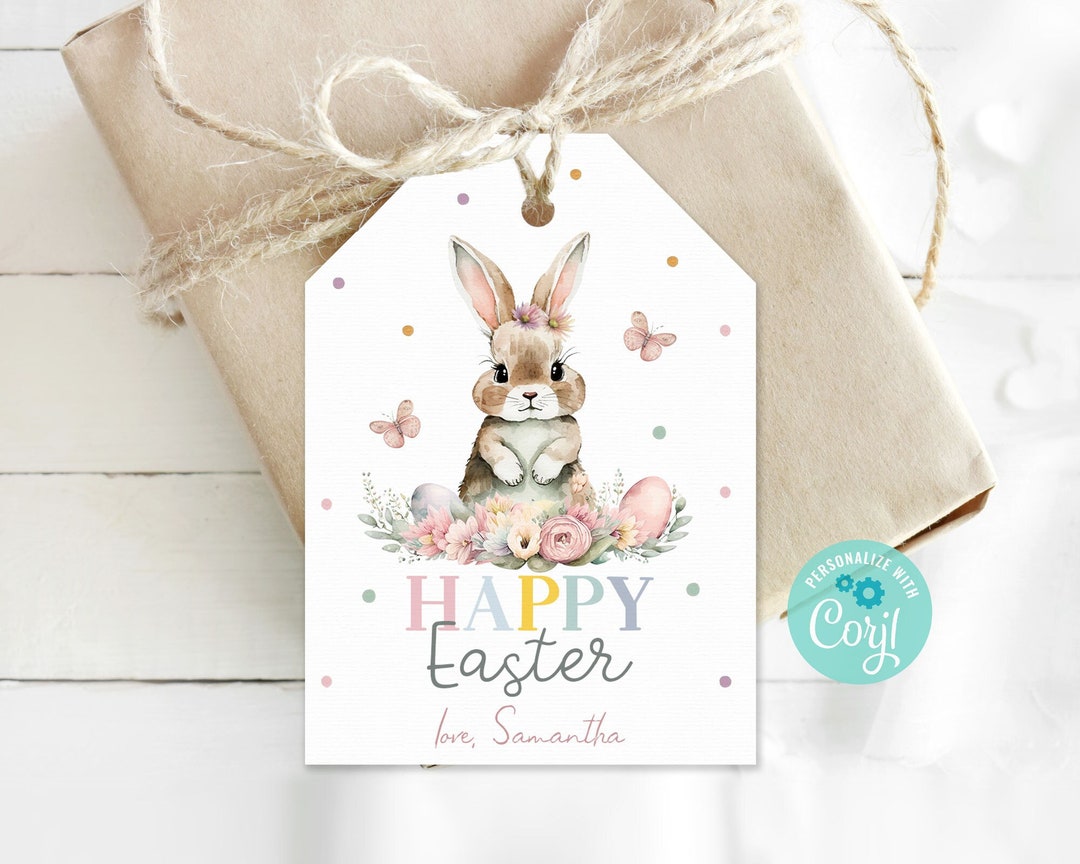 Editable Easter Tag With Cute Bunny and Floral Design, Personalized ...