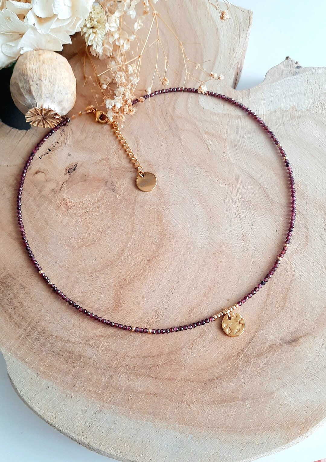 Fine Garnet Necklace Gold Stainless Steel Medal Pendant Natural Stone ...