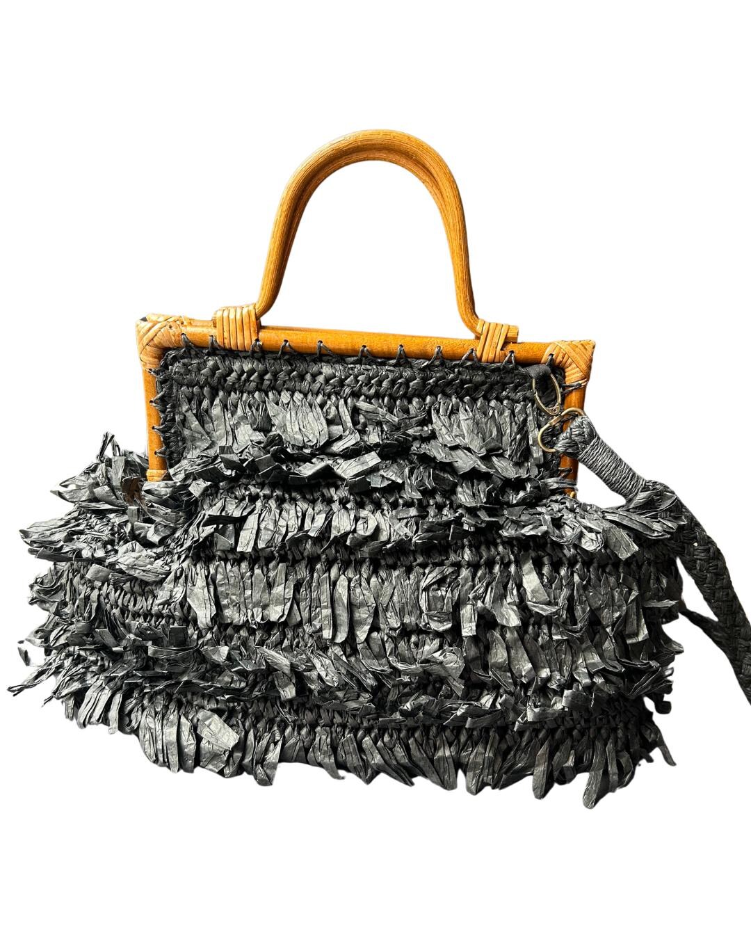 Vintage Black Straw Fringe Bag With Wooden Handle – Boho Beach Purse ...