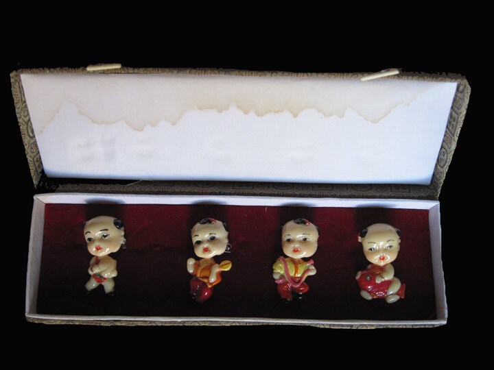 Vintage Asian Bobblehead Baby Pins - Hand-painted Oriental Brooches ...