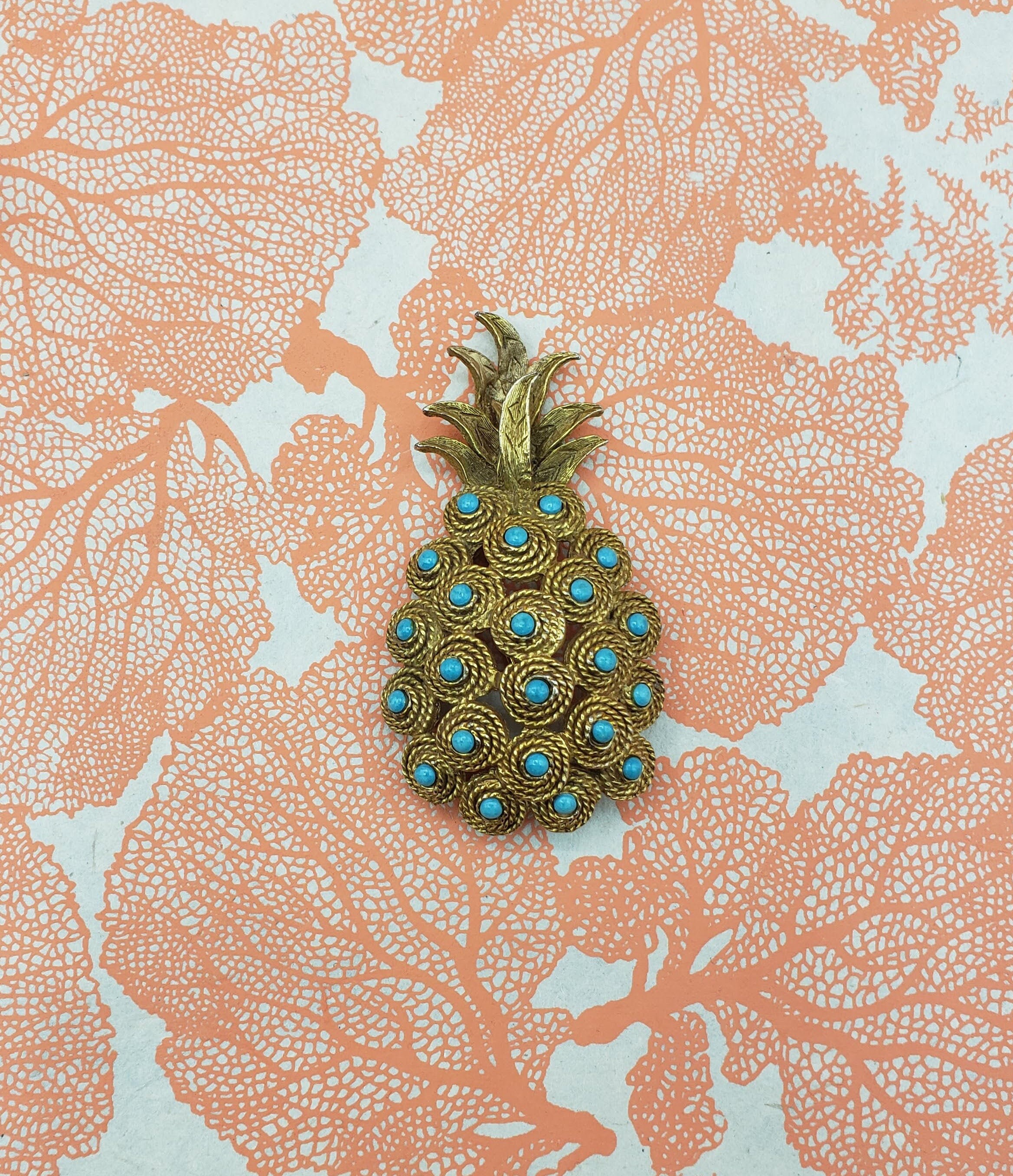 Signed HAR PINEAPPLE Pin/brooch With Turquoise Accents / Vintage HAR Gold Plate Pineapple Brooch ...