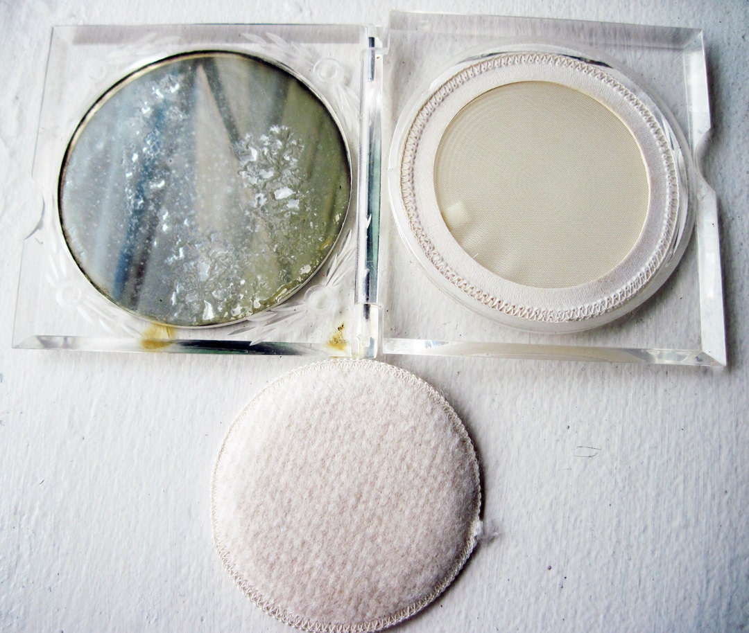 LARGE LUCITE Compact With Original Mirror and Powder Puff / Carved ...