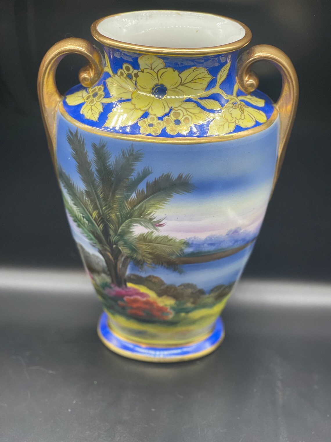 Huge Antique PALM TREE NORITAKE Vase / Double-handled Urn / Made in Japan Porcelain Vase Signed ...