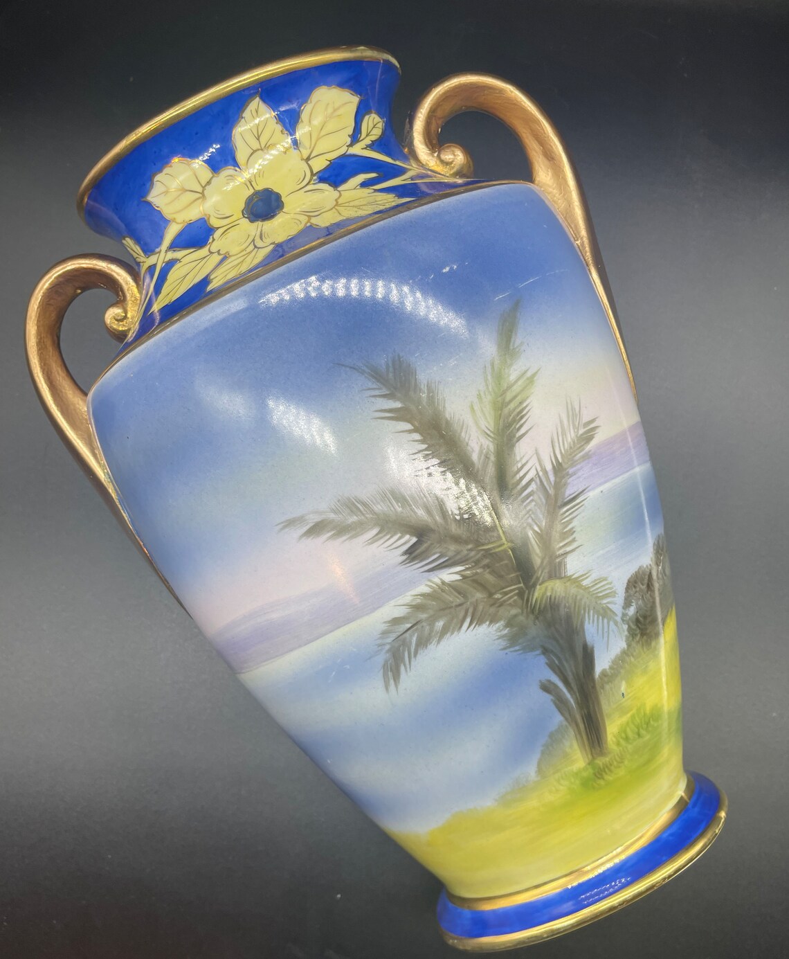 Huge Antique PALM TREE NORITAKE Vase / Double-handled Urn / Made in Japan Porcelain Vase Signed ...