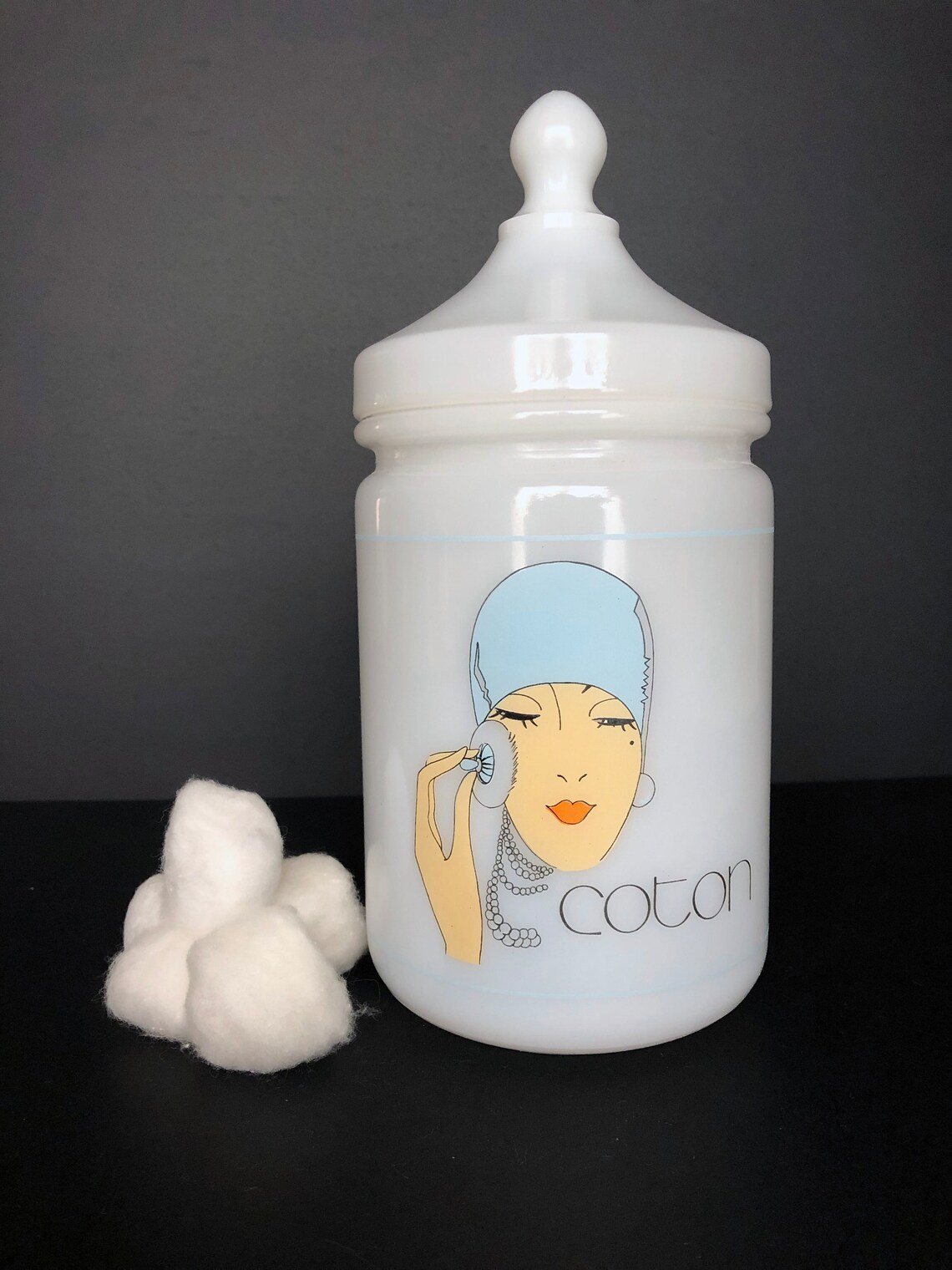 Vintage 1970 OPALINE DECO Glass Cotton Bathroom Container / MILK Glass ...