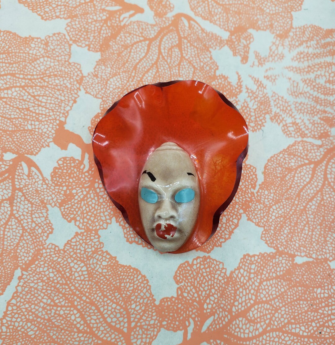 Vintage ELZAC Victims of Fashion Brooch: Lady With Red Lucite Bonnet - Etsy