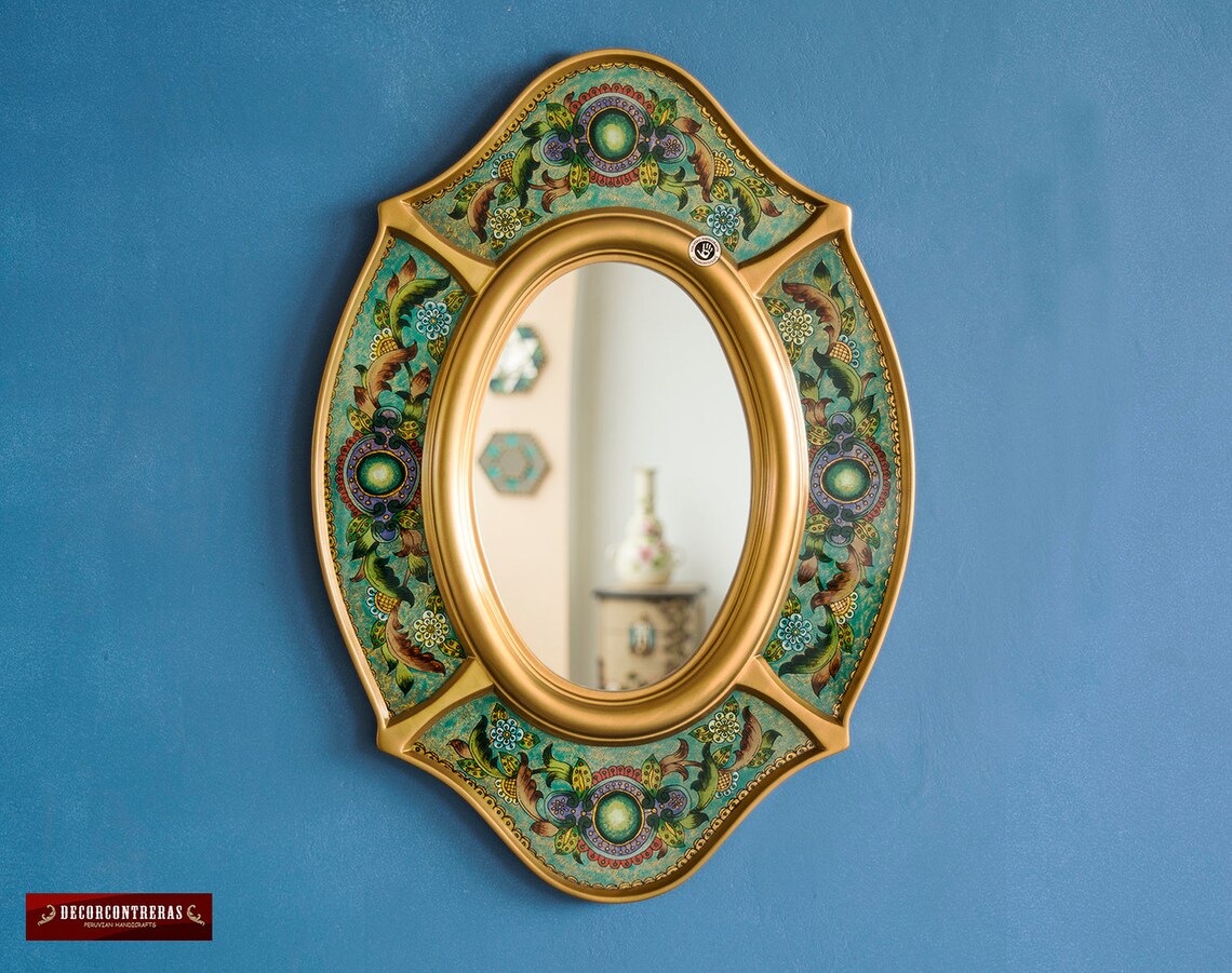 Turquoise Oval Wall Mirror With Gold Color Wood Frame - Etsy