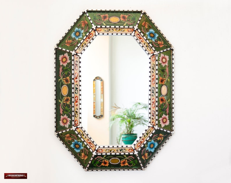 Large Green Octagonal Mirror Silver - Peruvian Painted Glass Floral ...