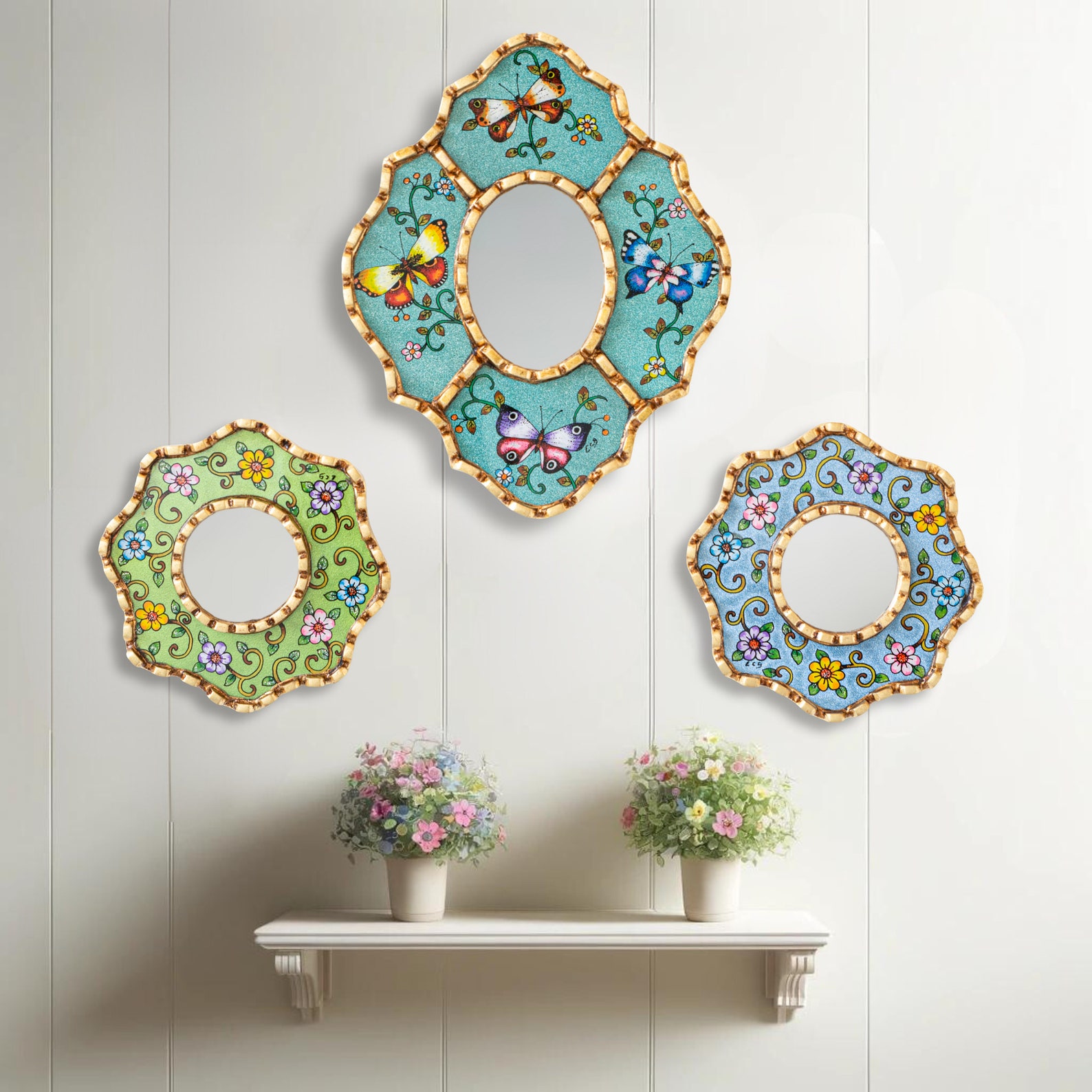 Peruvian Small Accent Set of 3 Mirrors | Bronze Leaf Wood Wall Mirror ...
