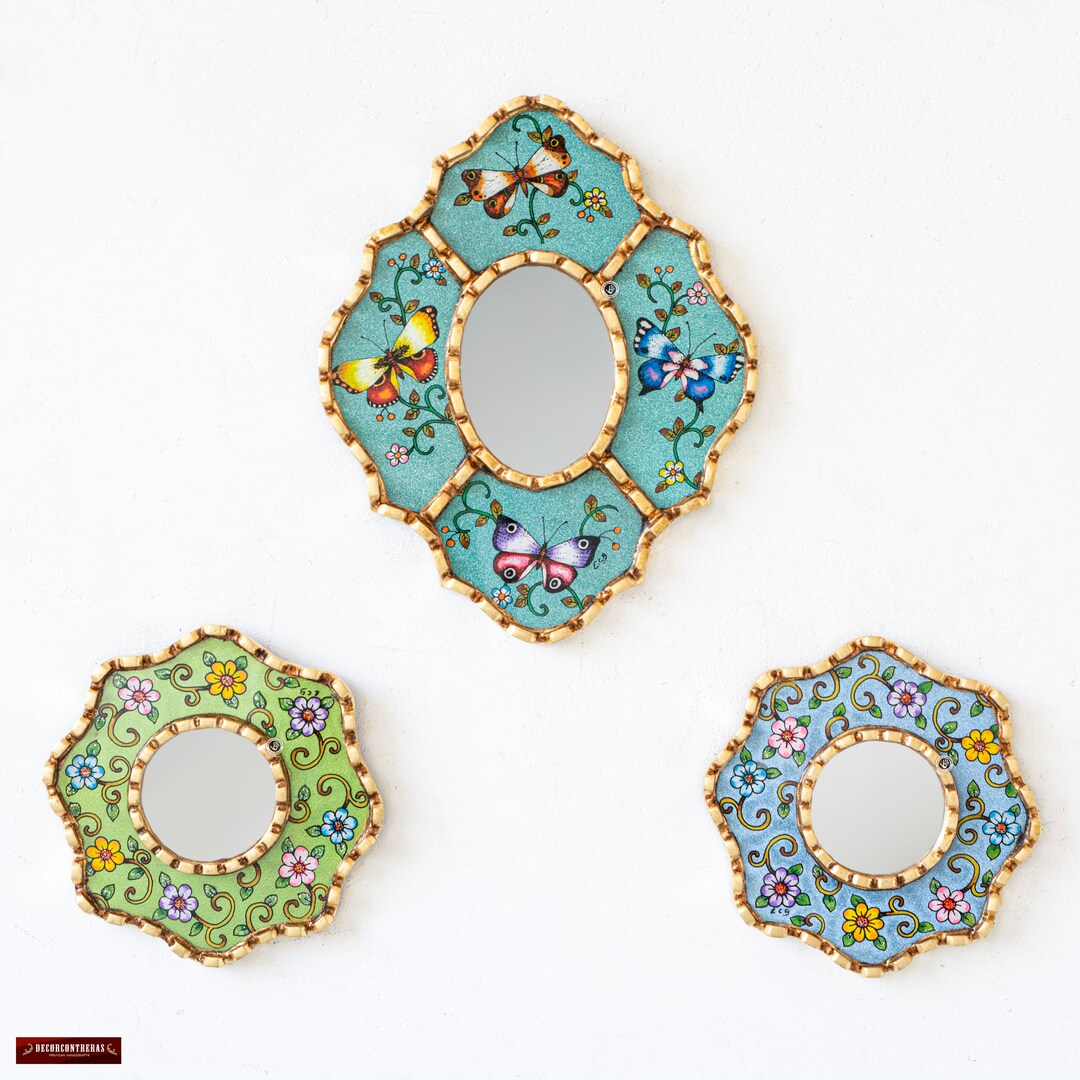 Peruvian Small Accent Set of 3 Mirrors | Bronze Leaf Wood Wall Mirror ...