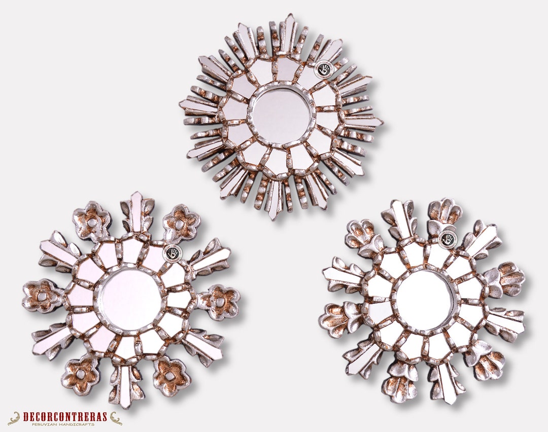 Small Silver Sunburst Mirror 7.8"- Handmade Round Mirror Wall Set 3 ...