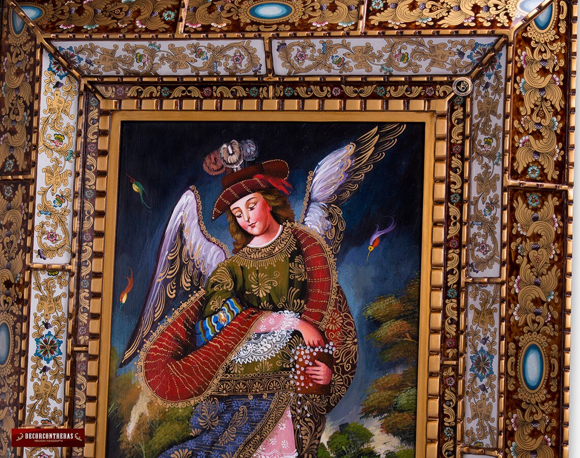 Archangel Uriel, Angel Painting on Wood, Peruvian Painted Art Glass ...