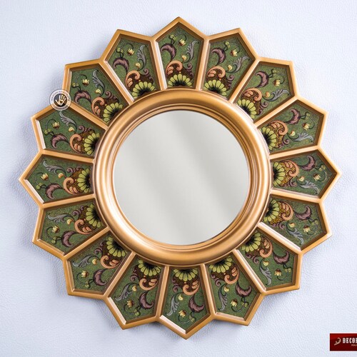 Round Wall Mirror 'green Sunflower' Sunburst Mirrors - Etsy