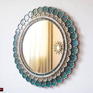 Large Turquoise Round Mirror for Wall 35.4in - Peruvian Accent ...