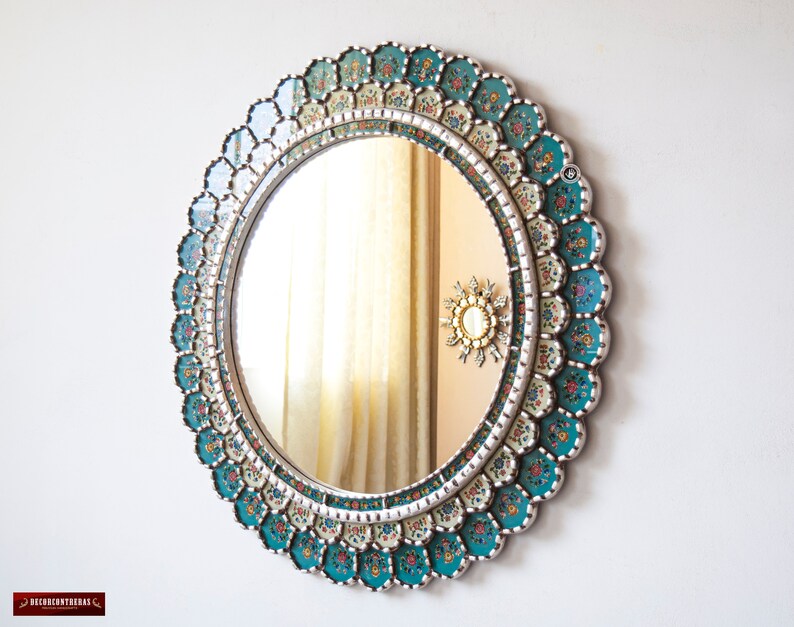 Large Turquoise Round Mirror for Wall 35.4in Peruvian Accent - Etsy