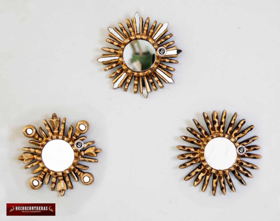 Gold Small Sunburst Mirror 6"- Handcarved Wood Round Mirror for Wall ...