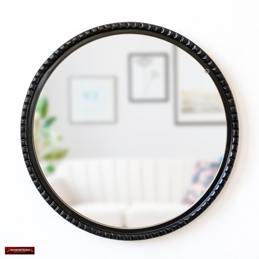 Peruvian Black Round Wall Hanging Mirror for Bathroom Decor | Dark Wood ...