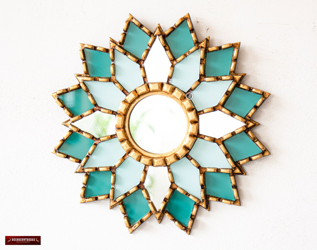 Turquoise Round Mirror Wall Decor 12.2", Accent Wooden Wall Mandala ...