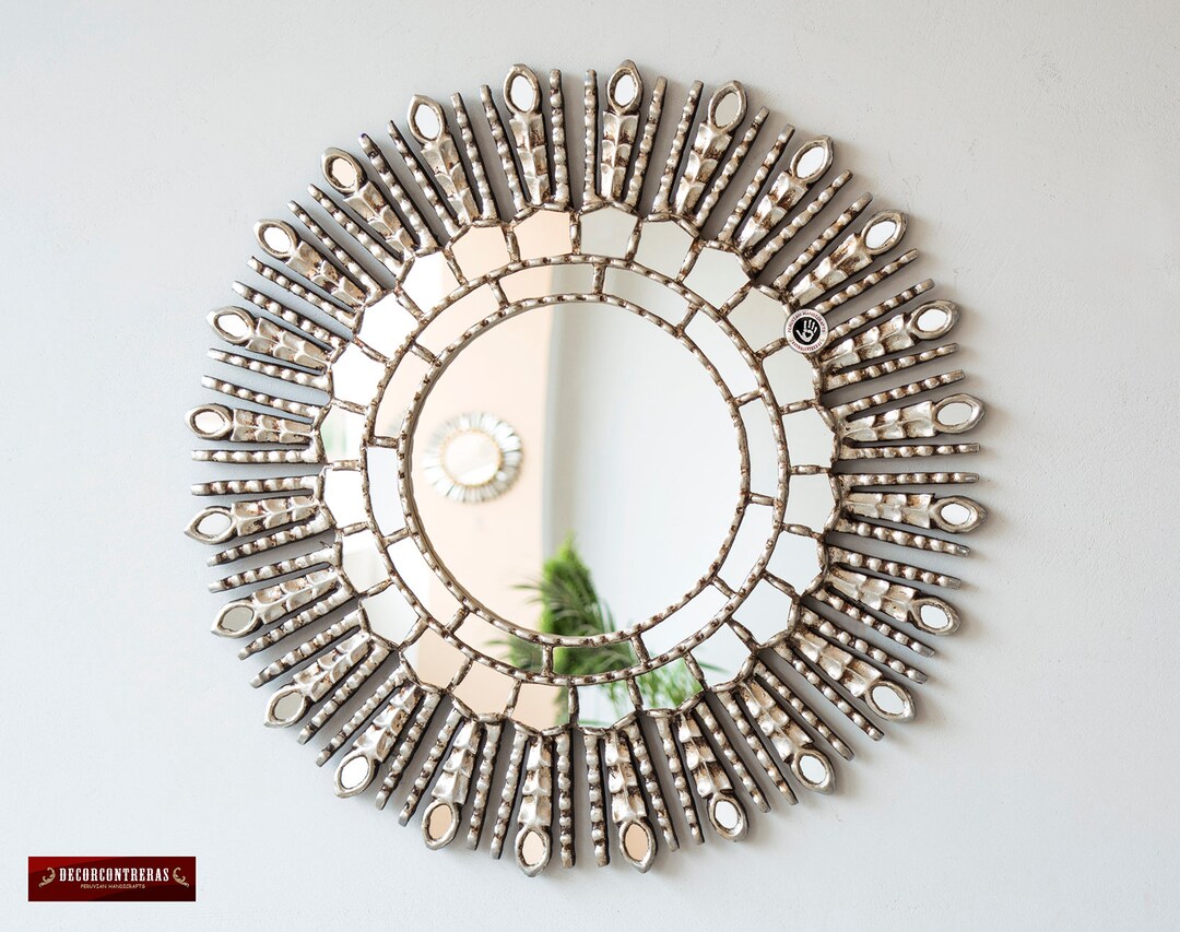 Peruvian Silver Sunburst Mirror 23.6", Hand Carved Wood Decorative ...