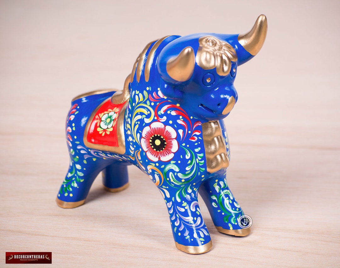 Pottery Pucara Bull Handpainted 8.5" Tall, Blue Ceramic Bull With ...