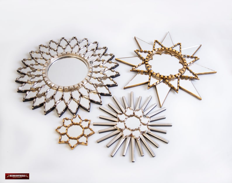 Decorative Sunburst Mirror Set of 4 Gold & Silver Round Wall | Etsy