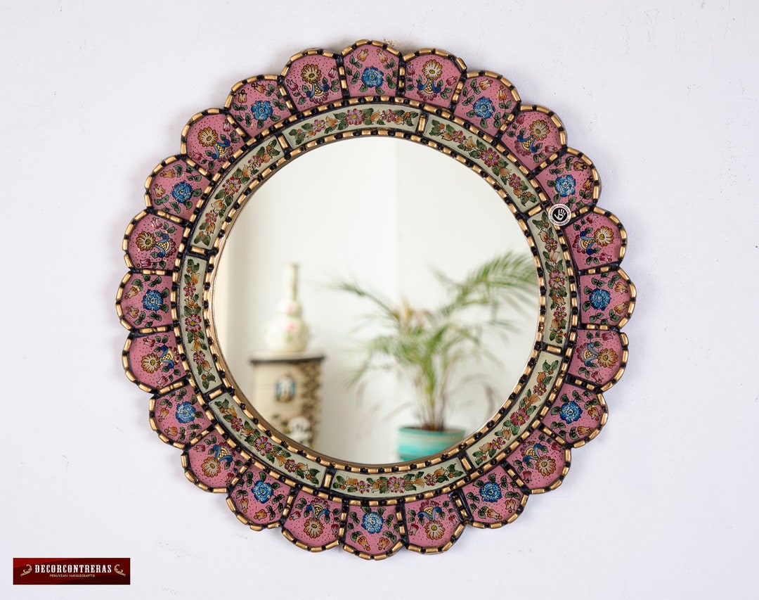 Decorative Round Mirror Wall 17.7in pink Flowers, Reverse Painted Glass ...