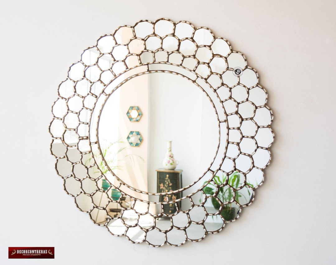 Large Silver Round Wall Mirror 31.5" From Peru, Silver Leaf Wood Framed ...