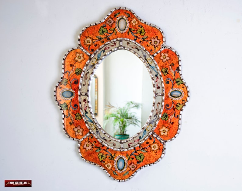 Orange Oval Wall Mirror With Silver Leaf Frame Peruvian - Etsy