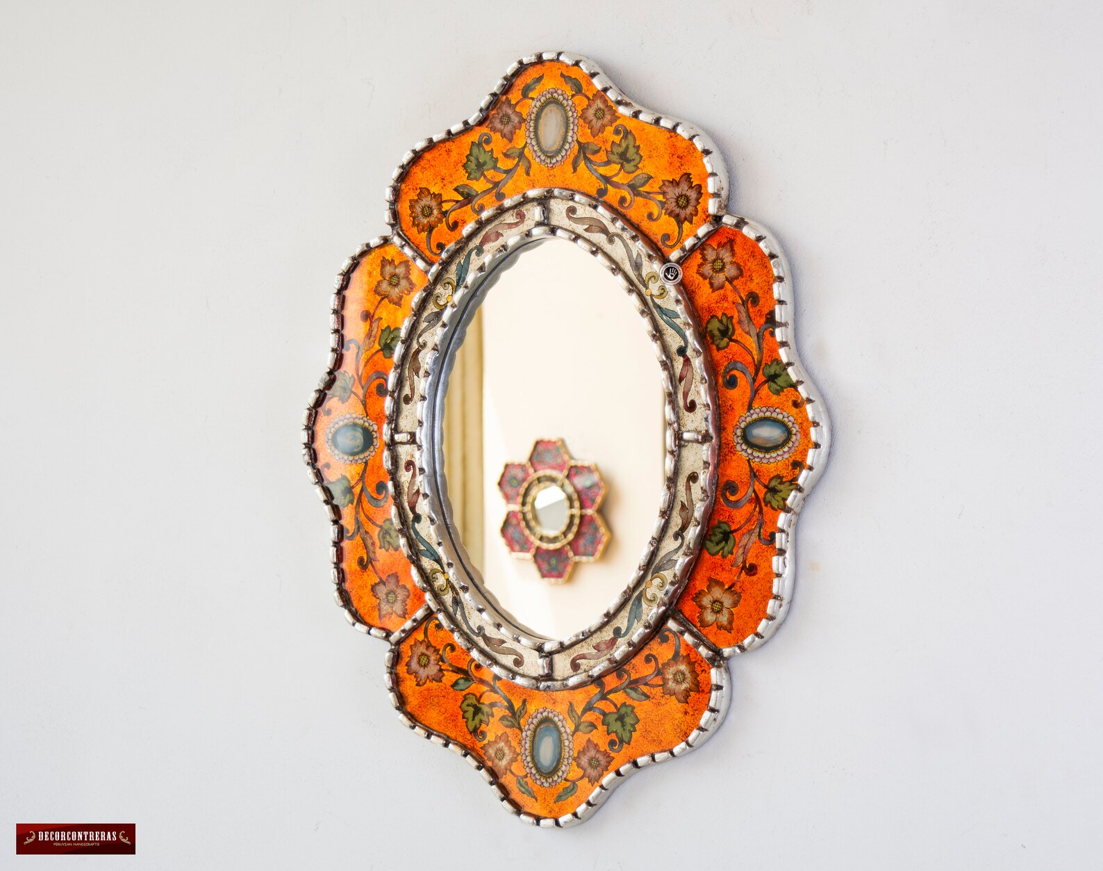 Orange Oval Wall Mirror With Silver Leaf Frame Peruvian - Etsy