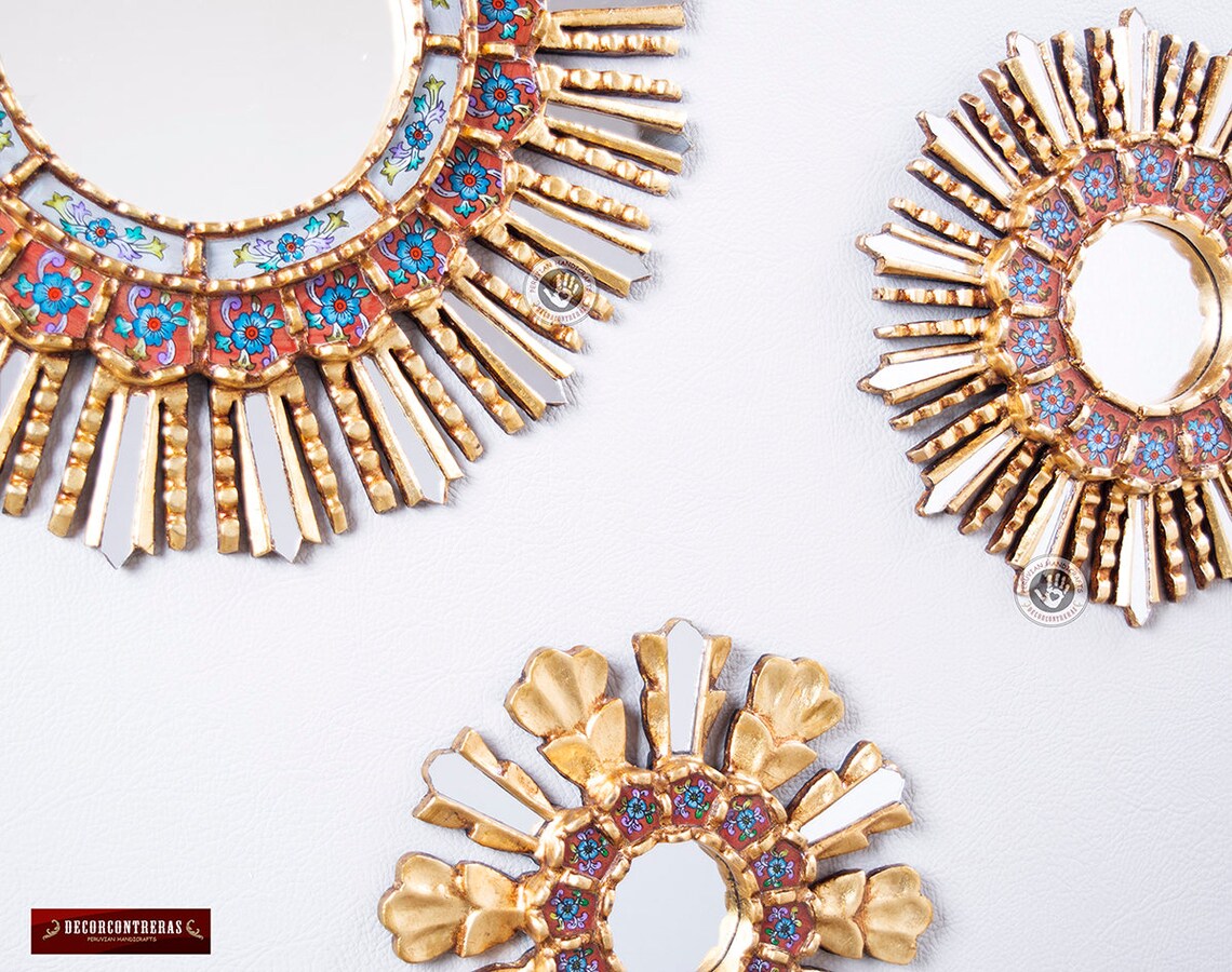 Sunburst Wall Mirrors Set 3 'cuzco Summer Sun' Round | Etsy