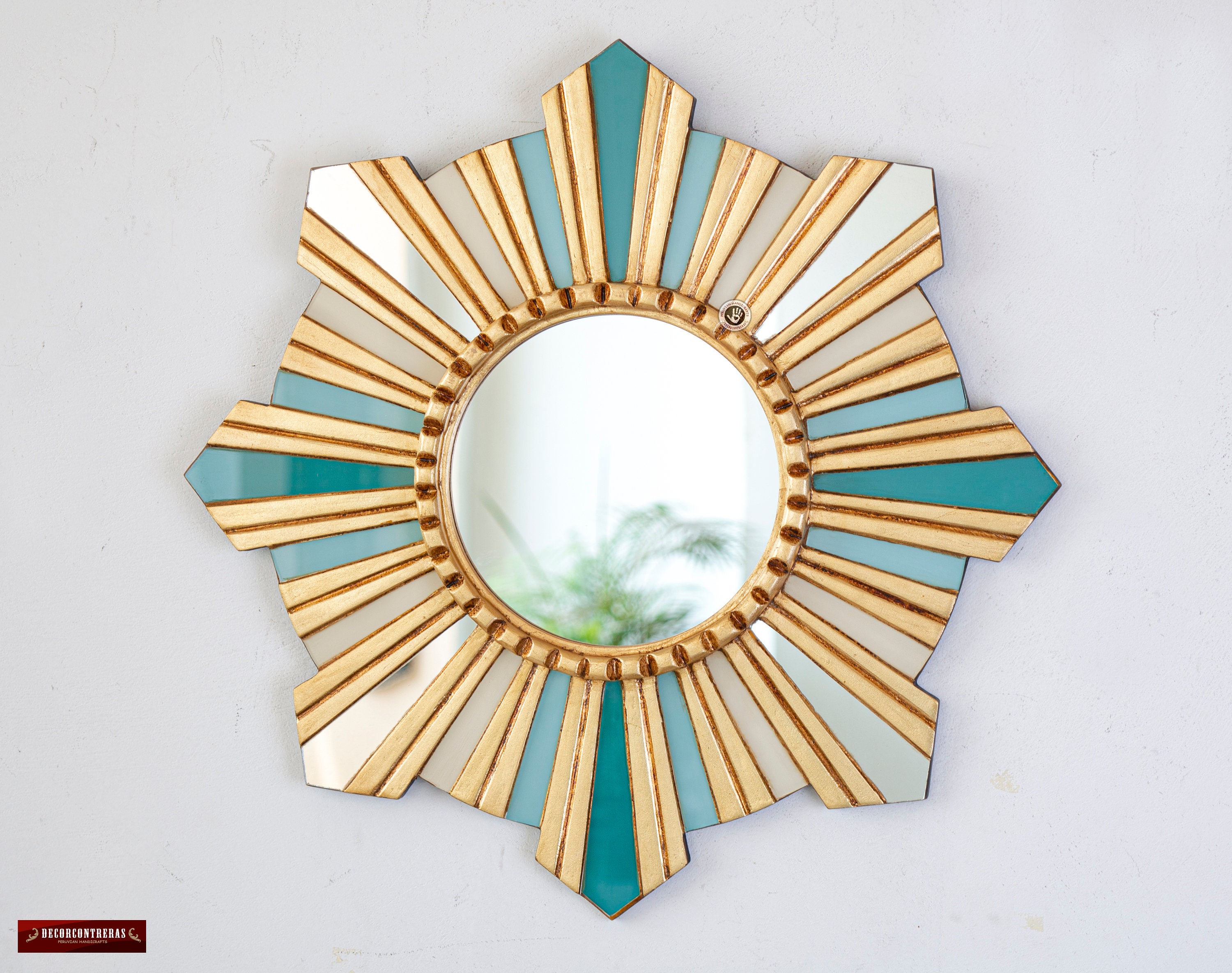 Turquoise Round Mirror 17.7 for wall Accent gold leaf | Etsy