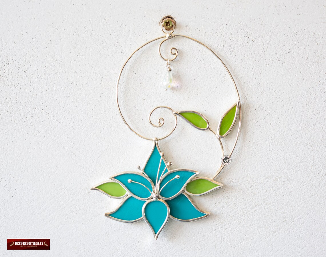 Stained Glass Turquoise Flower Lotus Window Hangings, Crystal ...