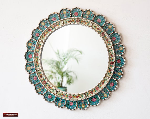 Decorative Turquoise Round Mirror for Wall Decor Room 17.7in | Etsy