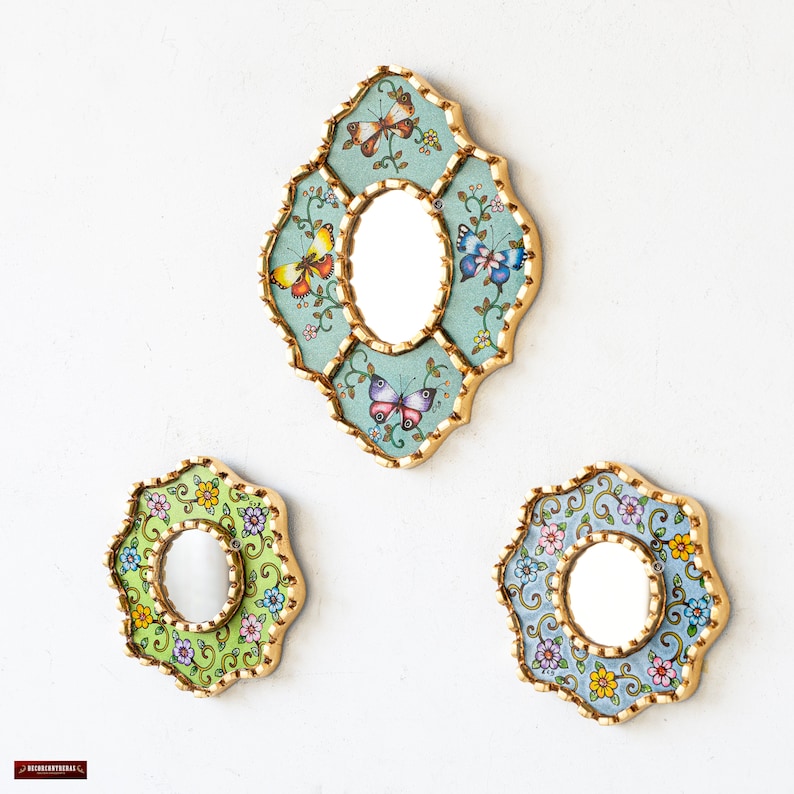 Peruvian Small Accent Set of 3 Mirrors | Bronze Leaf Wood Wall Mirror ...