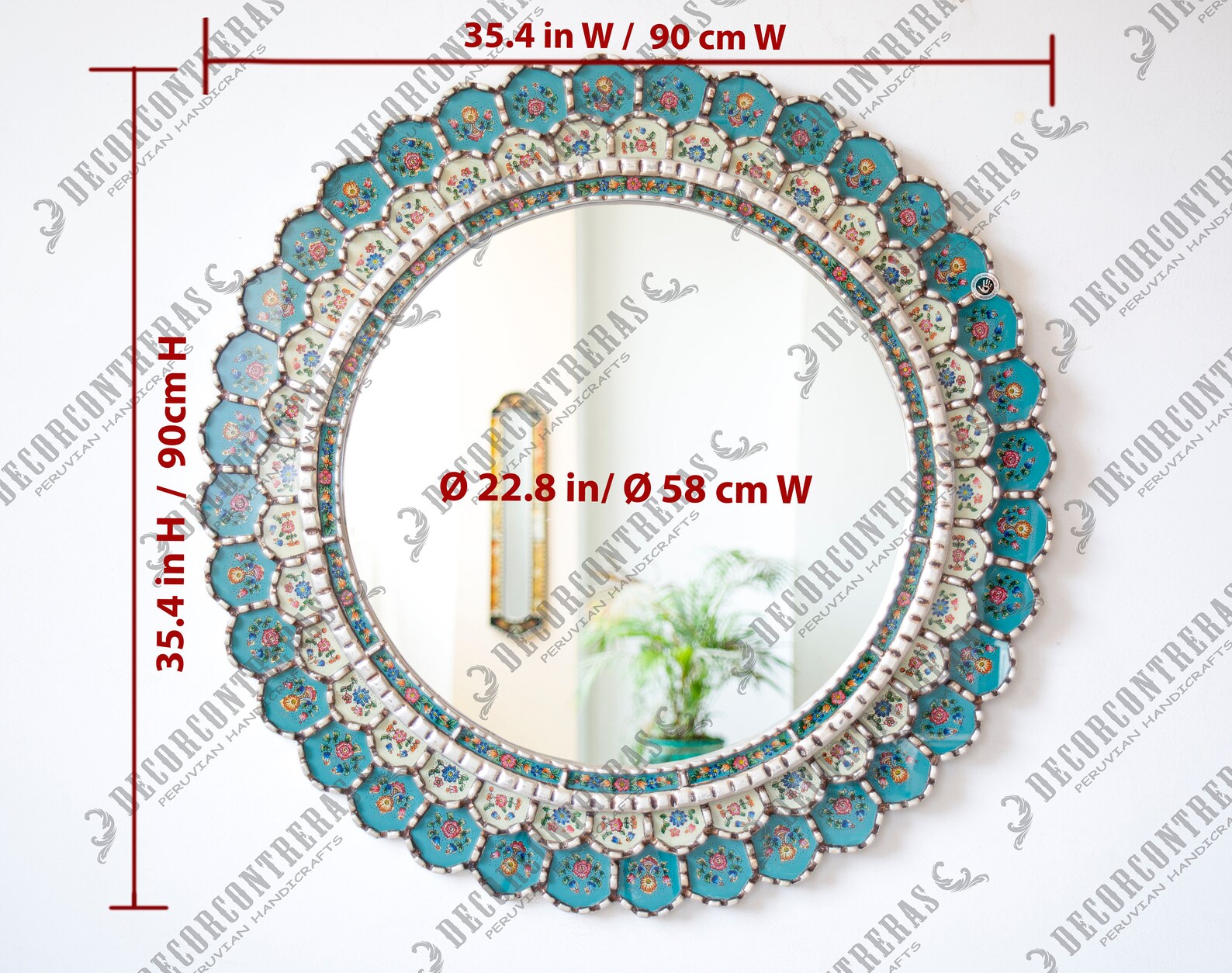 Large Turquoise Round Mirror for Wall 35.4in Peruvian Accent | Etsy