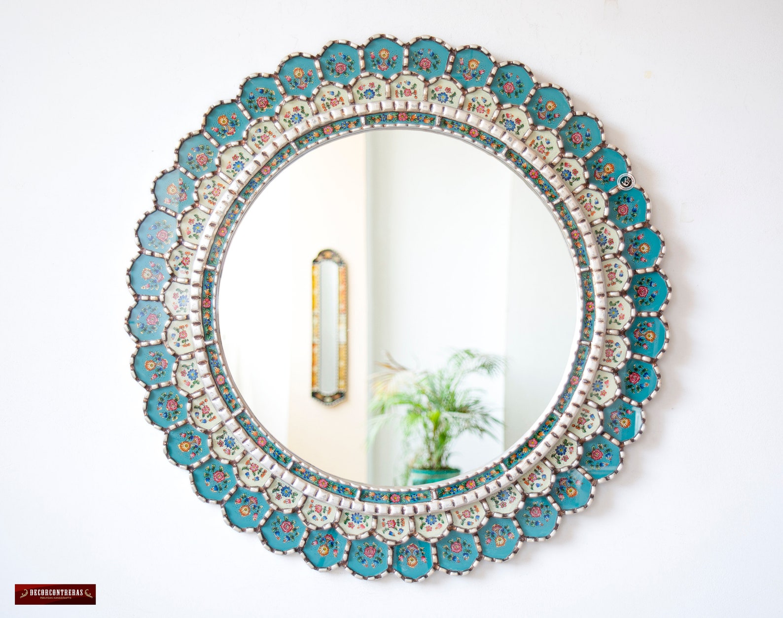 Large Turquoise Round Mirror for Wall 35.4in Peruvian Accent | Etsy