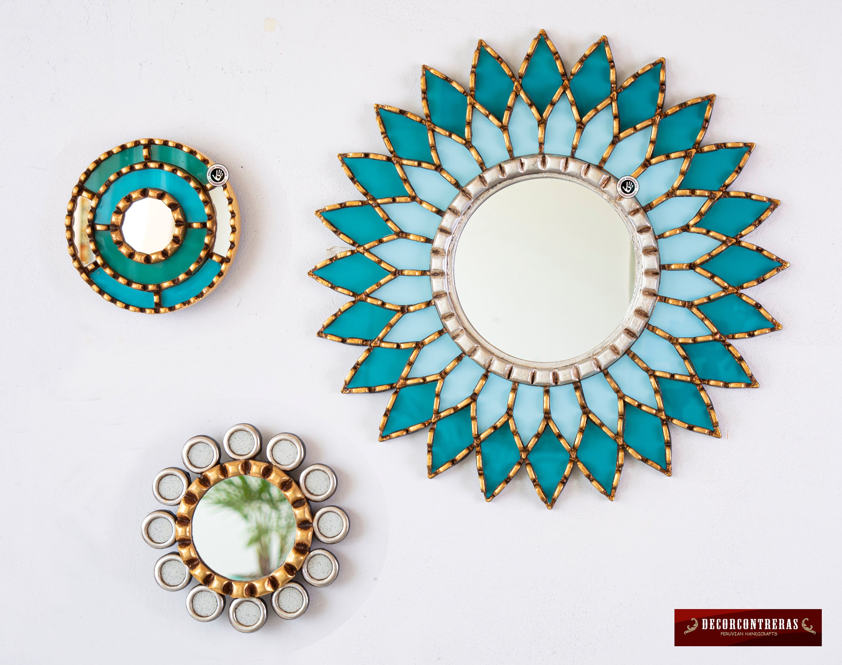 Accent Round Mirror set of 3 Turquoise & White Ornate Wall | Etsy