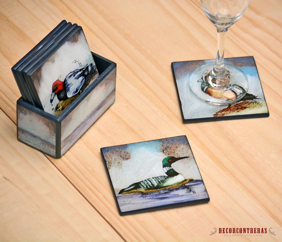 Painting on Glass Wood Coaster Set, Peruvian Coasters With Holder ...