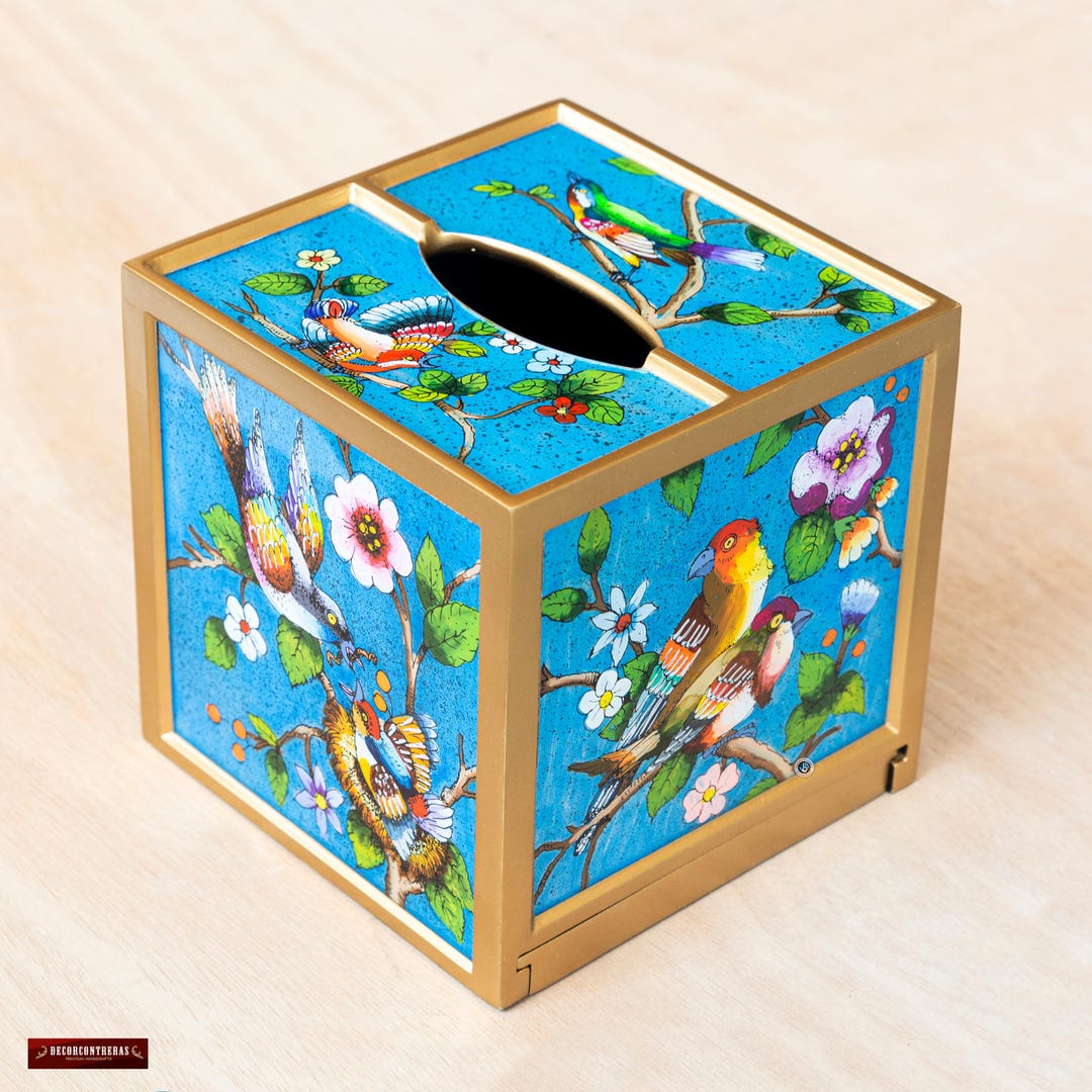 Blue Birds Square Tissue Box Cover From Peru | Hand-painted Glass ...