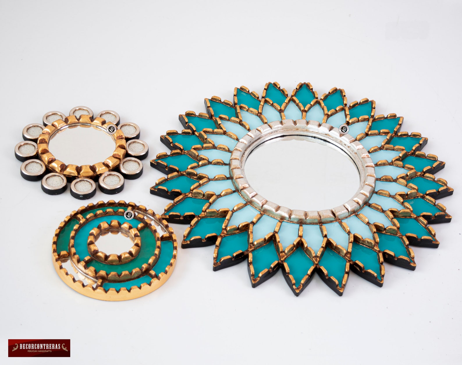 Accent Round Mirror Set of 3 Turquoise & White Ornate Wall | Etsy