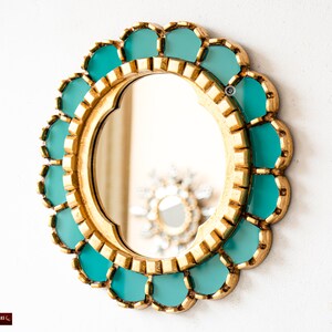 Turquoise Accent Round Mirror Wall 12.2", Peruvian Handpainted Glass ...