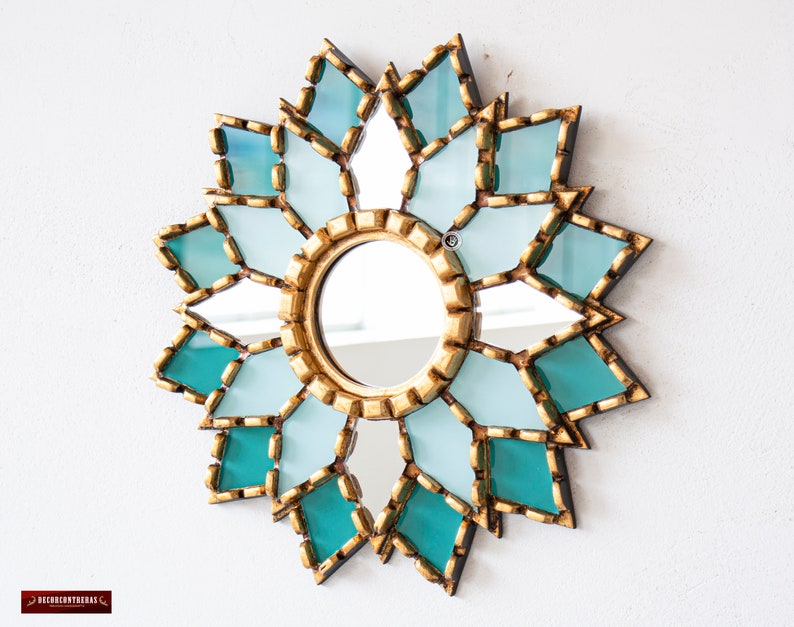 Turquoise Round Mirror Wall Decor 12.2 Accent Wooden - Etsy